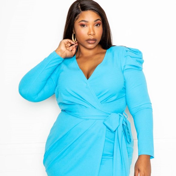 Dresses | Womens Turquoise Plus Size Padded Shoulder Wrap Midi Dress ...
